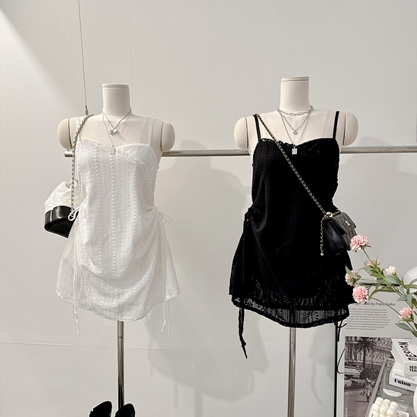 이프유마인 페미닌바캉스룩 여름 우아 이중 쉬폰 시스루 펀칭 뜨개 니트 레이스 플라워 자수 리본 스트랩 셔링 프릴 레이어드 이너 무지 A라인 플레어 슬립 뷔스티에