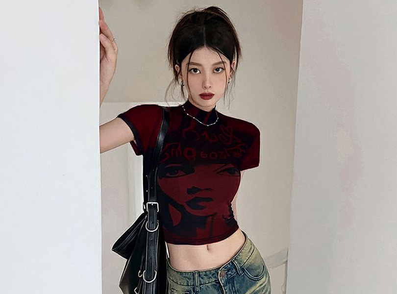 유유존 쫀쫀스판 와인컬러 프린팅 페잇스파이시티 반팔 슬림 데일리 프린팅 꾸안꾸 크롭 여름신상 캐주얼 스판티 Y2k 빈티지 스판반팔티 크롭반팔 슬림티 힙스타일 힙합 심플