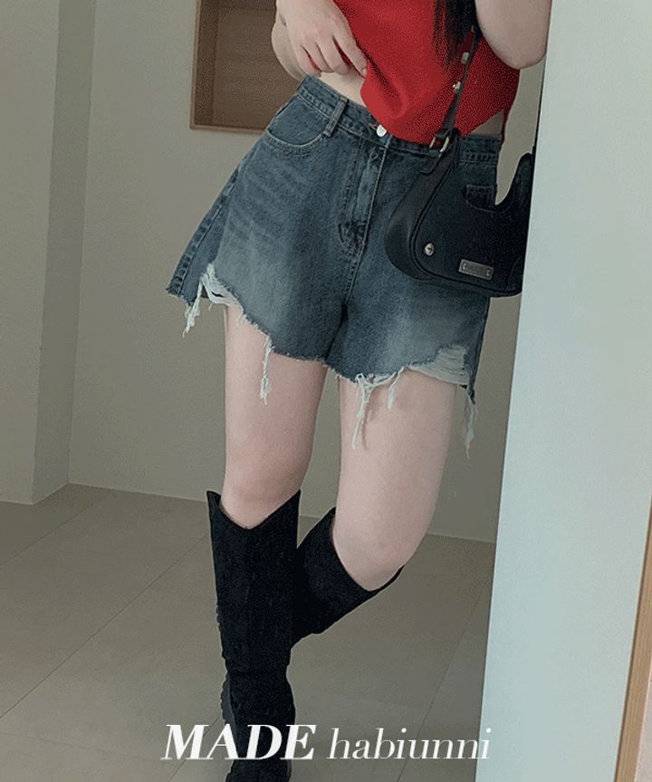 하비언니 Made 12360 5kg 빈티지 컷팅 데미지 A라인 와이드 숏 청반바지 데님 흑청 2color Xs~xl