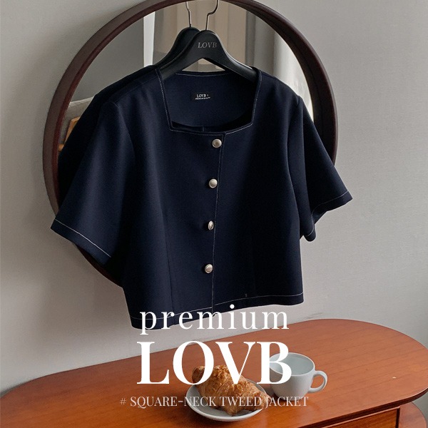 핫핑 Made Lovb L 1426 스퀘어넥 스티치 반팔 트위드자켓44~99 여름트위드 여름자켓 트위드반팔 여름자켓 세미크롭자켓 하객룩 하객룩자켓 데이트룩 나들이룩