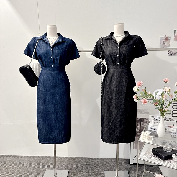 이프유마인 셔츠스커트set페미닌 여름 카밀 생지 데님 청 카라 포켓 크롭 반팔 셔츠 블라우스 남방 밴딩 H라인 A라인 플레어 머메이드 롱 스커트 투피스 세트