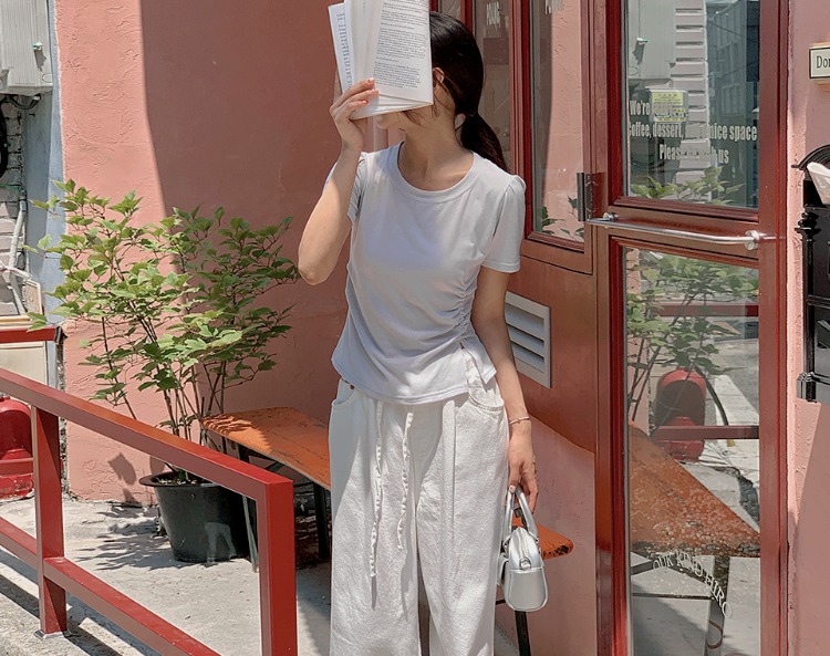 리리앤코 로버린 스판 라운드넥 셔링 반팔 티셔츠 자체제작 여름 신상 여름옷 셔링티셔츠 스판티셔츠 라운드넥반팔 트임 트임티셔츠