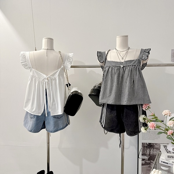 이프유마인 페미닌바캉스룩 여름 알프스 날개 리본 스트랩 백트임 뒷트임 스퀘어넥 셔링 프릴 튜브탑 레이어드 이너 무지 A라인 플레어 슬립 뷔스티에 크롭 나시 블라우스