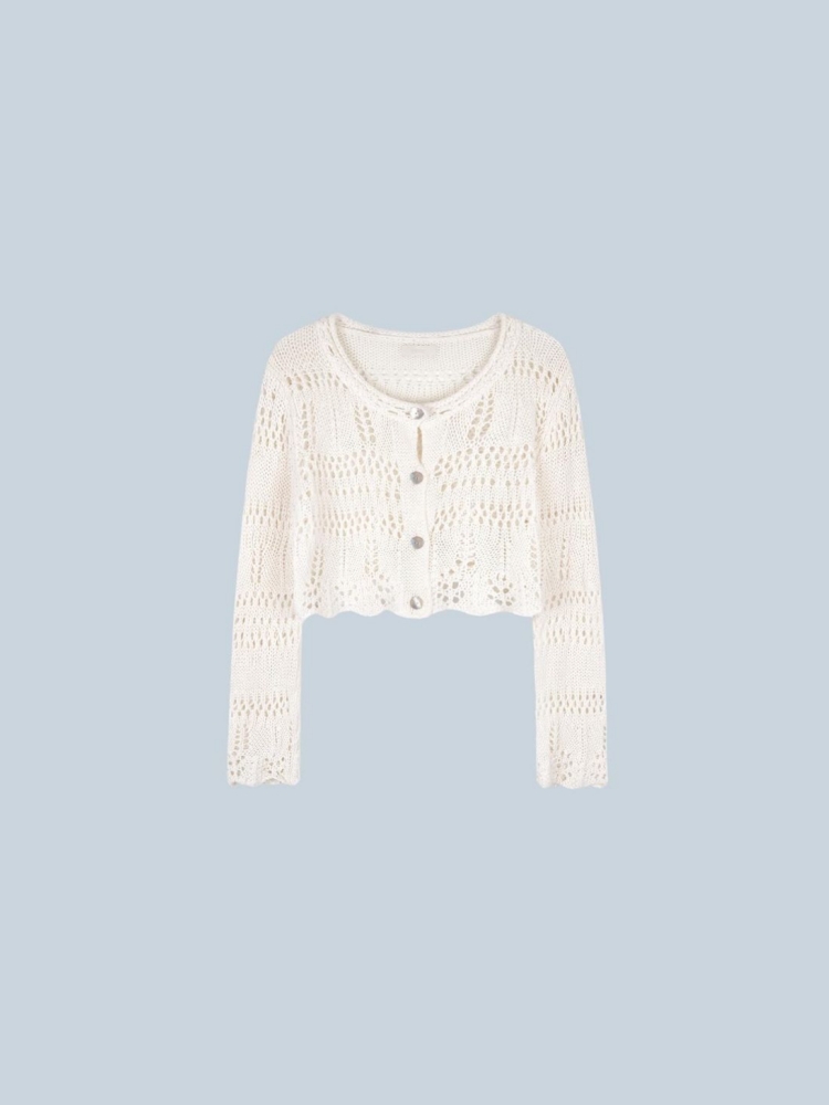 유이르무이 riette 리에뜨 크로셰 그물 펀칭 스카시 크롭 니트 가디건 1color