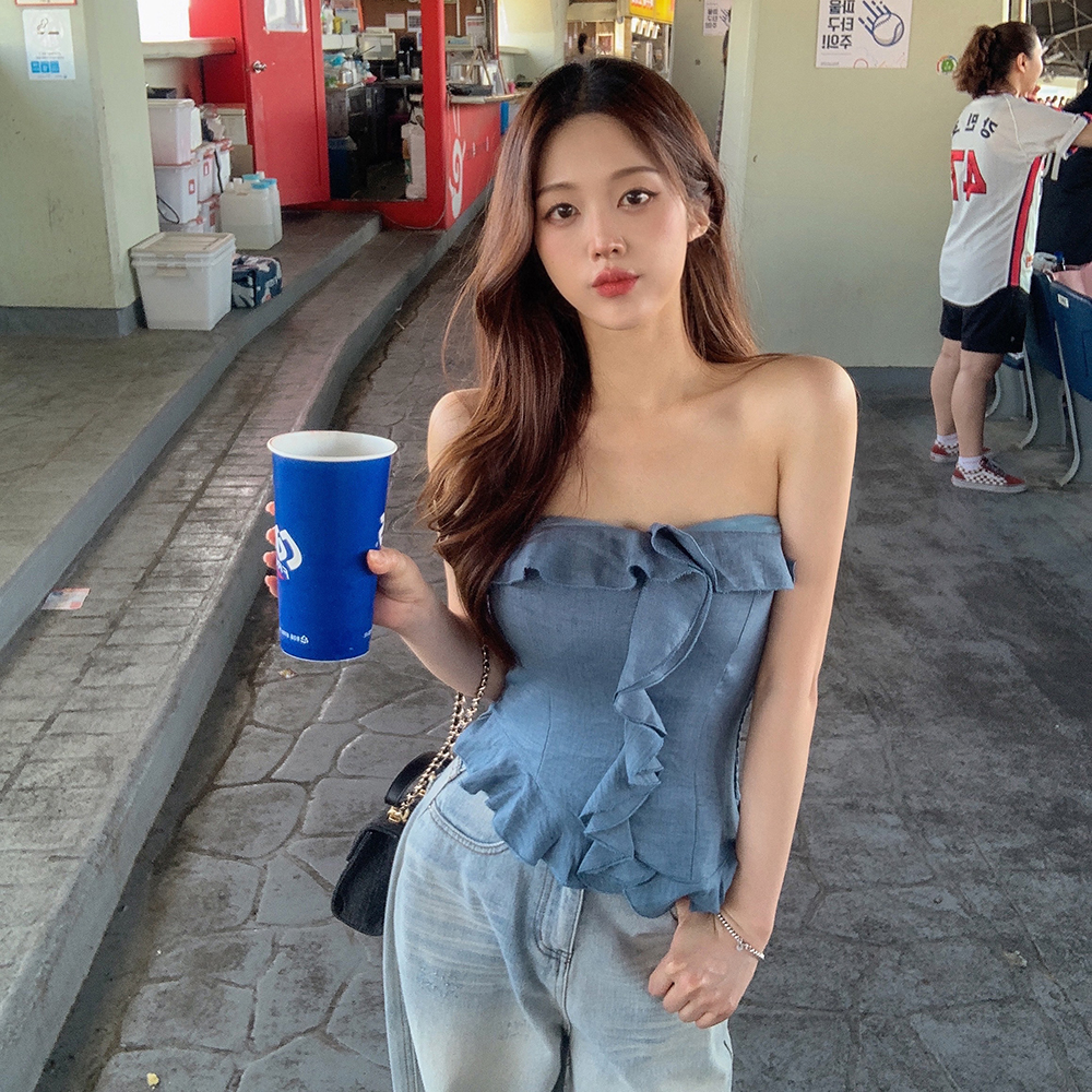 워너비뮤즈 무배🚀 페스티벌룩💙인생핏 캡내장 데님 프릴 언발 튜브탑 블라우스 오프숄더 민소매 탱크탑 블라우스 스모크 밴딩 여름 워터밤 흠뻑쇼 1col