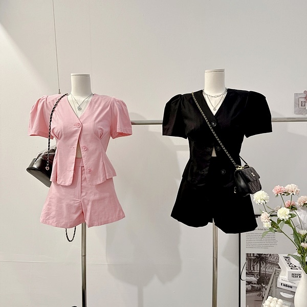 이프유마인 자켓반바지set페미닌 여름 러스크 린넨 노카라 브이넥 벌룬 퍼프 반팔 크롭 숏 자켓 밴딩 하이웨스트 핀턱 와이드 반바지 숏팬츠 투피스 세트 3color