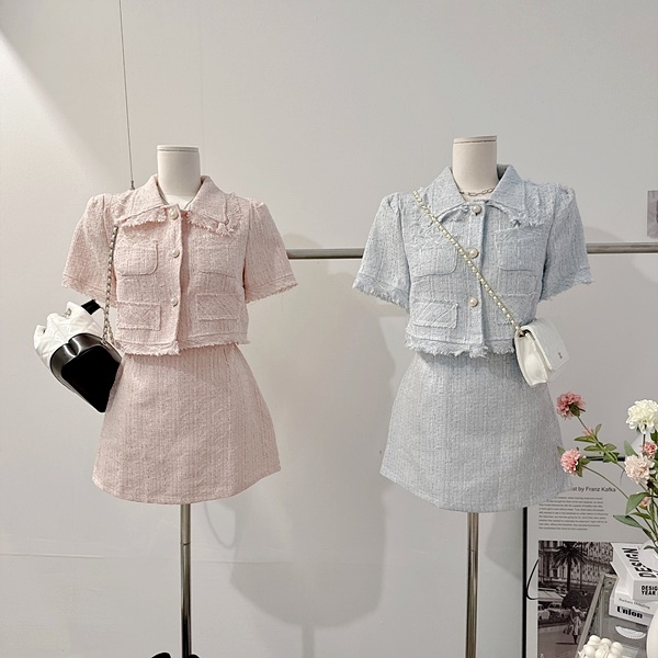 이프유마인 자켓스커트set페미닌 여름 캔디 파스텔 트위드 수술 셔츠 카라 진주 버튼 포켓 반팔 크롭 숏 자켓 A라인 플레어 미니 스커트 투피스 세트 2color