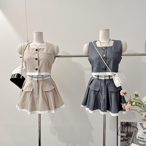 이프유마인 자켓스커트set페미닌 여름 카밀 화이트 배색 스퀘어넥 민소매 나시 크롭 숏 자켓 베스트 조끼 A라인 플레어 주름 플리츠 미니 스커트 투피스 세트
