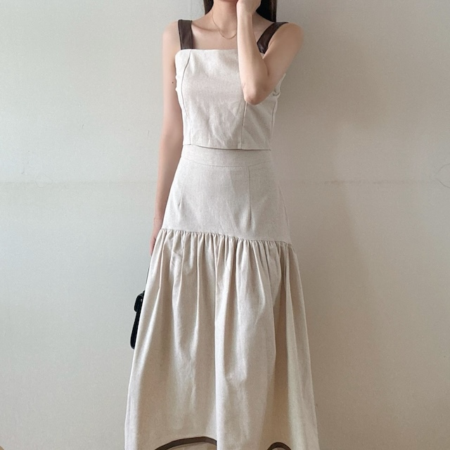 어반블롱드 포포 레더 린넨 레이어드 크롭 나시탑 플리츠 롱스커트 투피스 세트 2color 하객룩 데이트룩 오피스룩 면접룩 상견례룩 파티룩 휴양지룩 바캉스룩