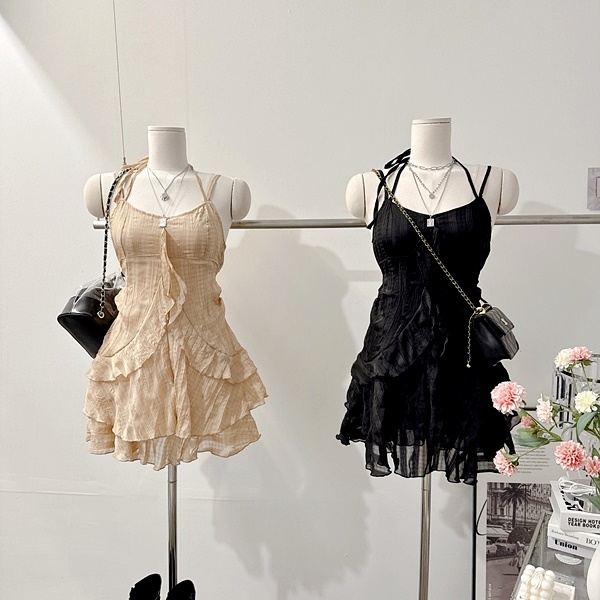 이프유마인 페미닌바캉스룩 여름 아린 쉬폰 시스루 셔링 프릴 브이넥 홀터넥 벨트 허리끈 스트랩 무지 A라인 플레어 주름 플리츠 캉캉 슬립 뷔스티에 나시 미니 원피스