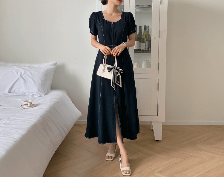 리리앤코 엔브티 스티치 스퀘어넥 집업 롱 원피스 자체제작 여름 신상 여름옷 여름원피스 A라인 플레어 트임 앞트임 지퍼원피스 스퀘어넥 격식룩 데일리룩 페미닌룩 하객룩 출근룩