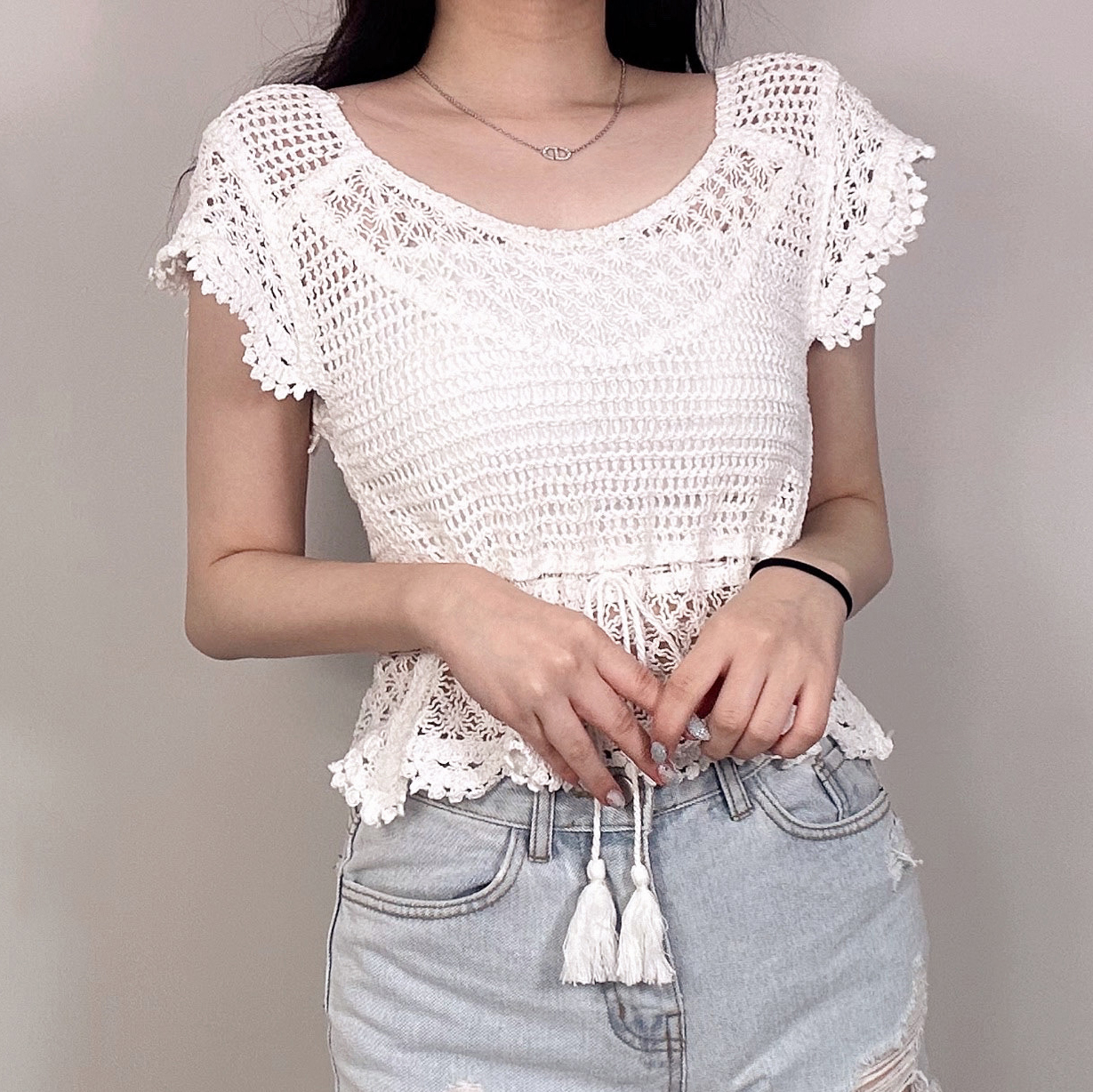 원트 [무료배송 ][나시SET/2col] 테슬 뜨개 펀칭 허리 끈 나시 캡내장 나시 투피스 세트 유니크 데일리 캐주얼 비치웨어 바캉스룩 (2colors)