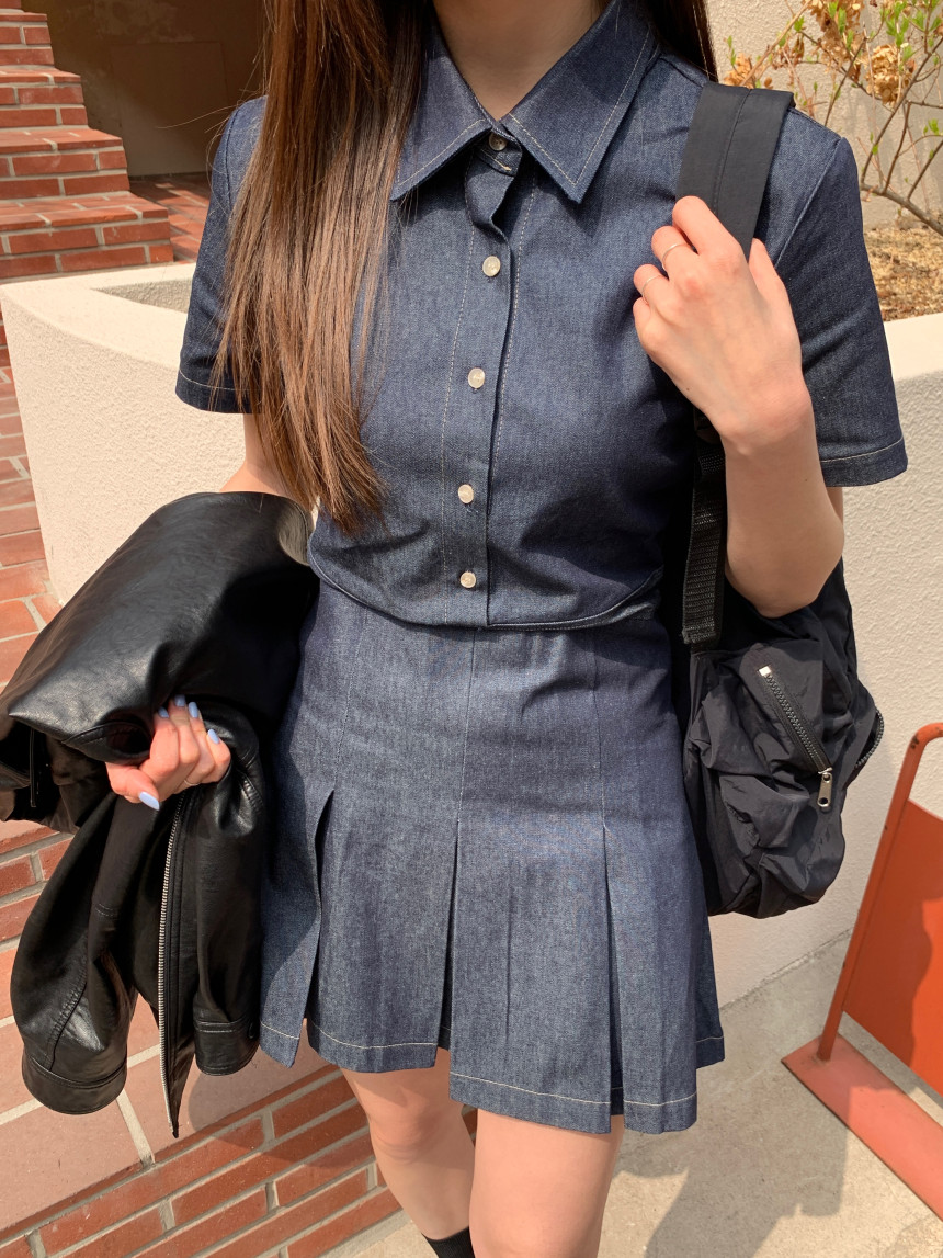 헤이로그 카라넥 진청 청 데님 반팔 반소매 셔츠 단추 버튼 청셔츠 데님셔츠 여름 가을 데일리 여친 데이트 룩 코디 추천 러블리 귀여운 시크 캐주얼 슬림 핀턱 미니 숏 원피스