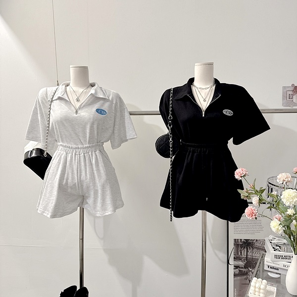 이프유마인 맨투맨반바지set꾸안꾸룩 여름 모먼트 Pk 셔츠 카라 배색 레터링 자수 크롭 집업 반팔 맨투맨 밴딩 와이드 반바지 숏팬츠 투피스 트레이닝 세트 3color