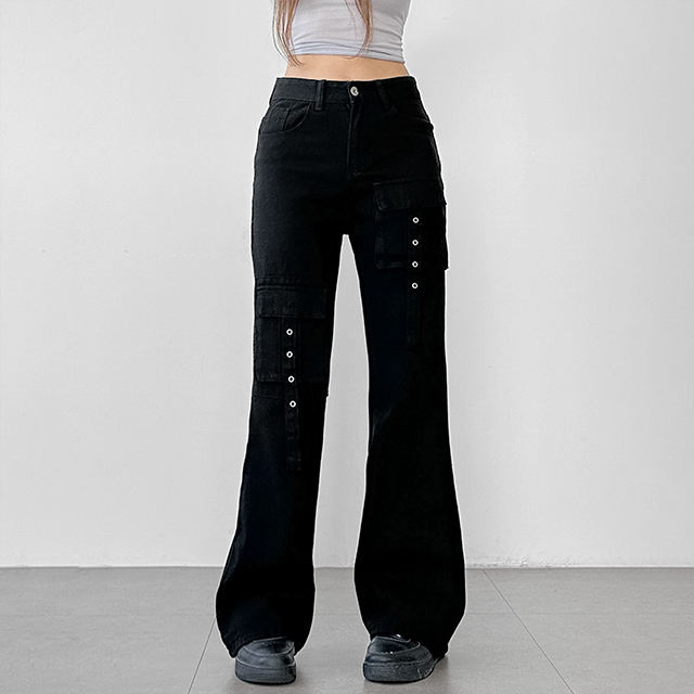 라이니 유니크 아일렛 스트랩 카고 부츠컷 팬츠 bo-3248c