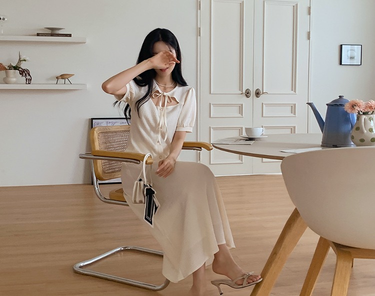 리리앤코 프렌디봉 링클 스판 리본 밴딩 투피스 세트 셋업 링클투피스 투피스세트 리본블라우스 반팔블라우스 밴딩스커트 롱스커트 여름 신상 데일리룩 데이트룩 격식룩 하객룩 출근