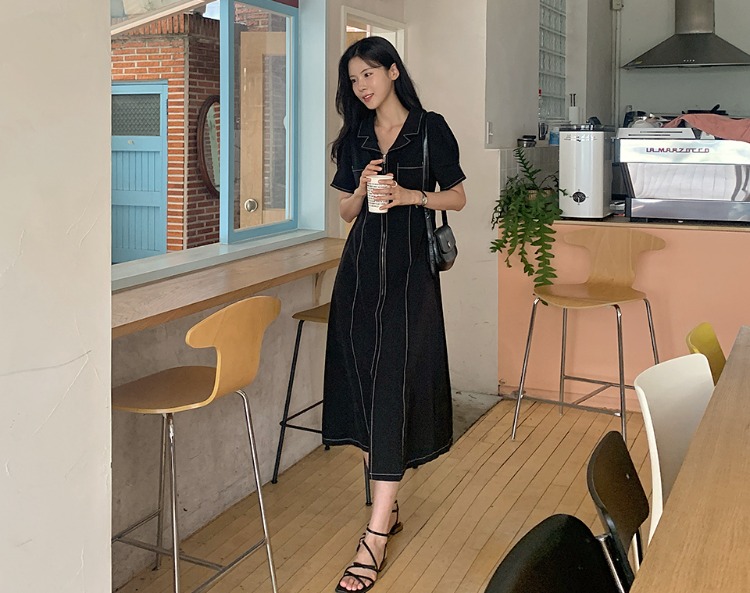 리리앤코 드페인브 바스락 스티치 오픈카라 집업 롱 원피스 자체제작 여름 신상 여름옷 A라인 플레어 스티치원피스 카라원피스 카라넥 지퍼 집업 트임 앞트임 데일리룩 페미닌룩