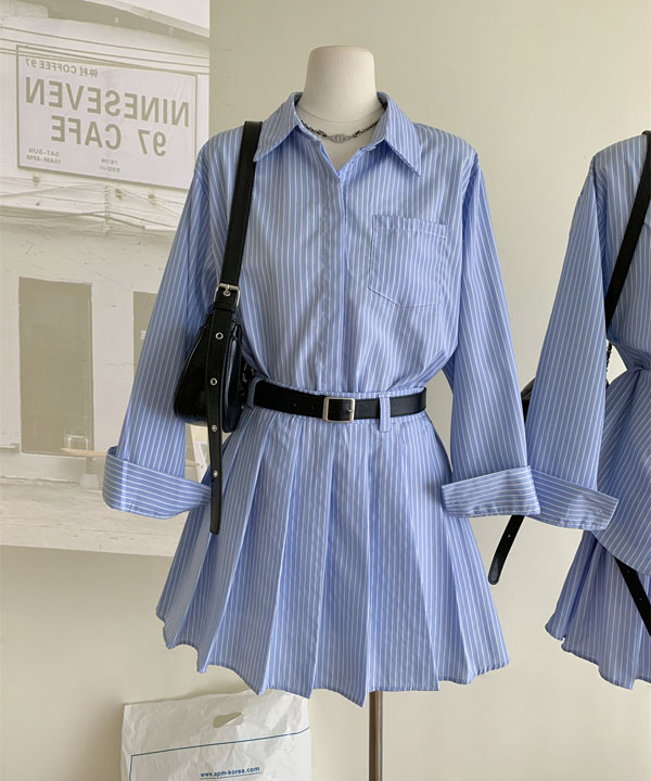 포앤바이앤 ★벨트 포함★ 셔츠 스커트 세트 카라넥 블루 스트라이프 줄무늬 긴팔 루즈핏 포켓 히든버튼 롱 셔츠 And 하이웨스트 플리츠 미니스커트 짧은치마 투피스 하이틴 프레피룩
