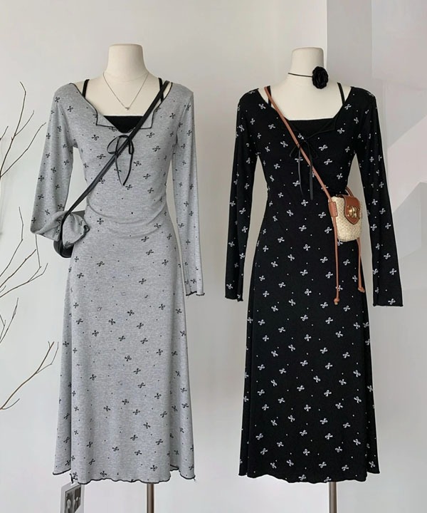 포앤바이앤 리본 프린팅 저지 원피스 페이크 레이어드 브이넥긴팔 레이스 슬림 A라인 면 저지 롱원피스 입기편한 데일리 원마일웨어 이지웨어 마실룩