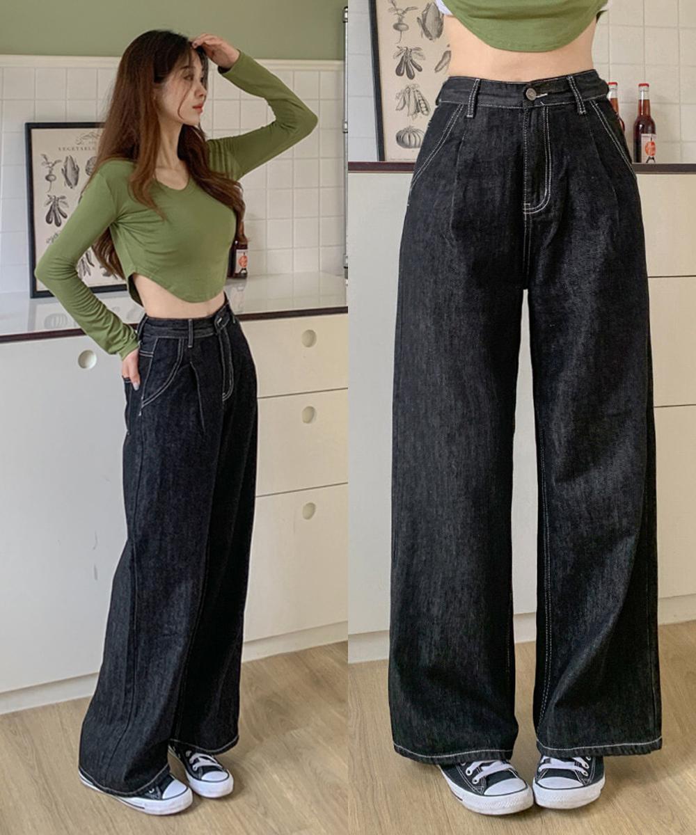 워너비뮤즈 무배🚀 커플템💕논페이드 생지 와이드 데님 팬츠 청바지 하이웨스트 롱 스티치 핀턱 코튼 면바지 하의 흑청 블랙 힙한핏 여름 간절기 빅사이즈 S M L Xl 2xl