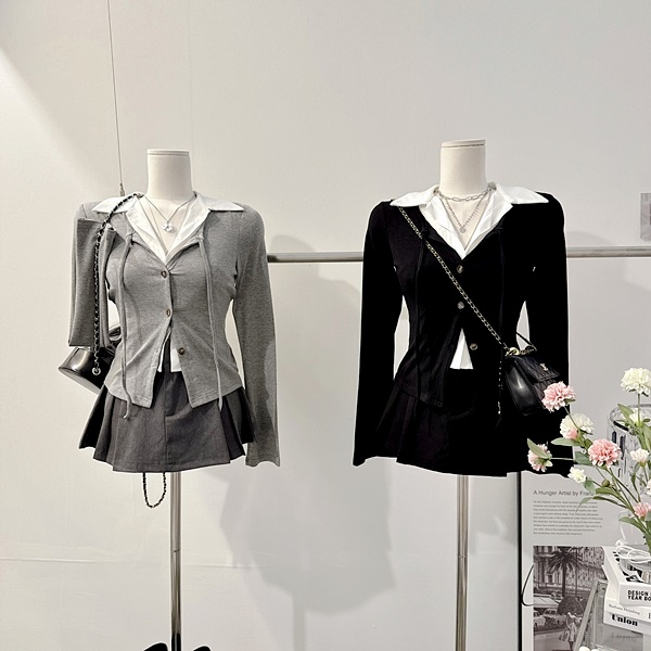 이프유마인 Y2k하이틴유니크 일체형 가을 베니 페이크 이중 배색 셔츠 카라 블라우스 남방 레이어드 이너 무지 브이넥 스트랩 버튼 크롭 긴팔 니트 가디건