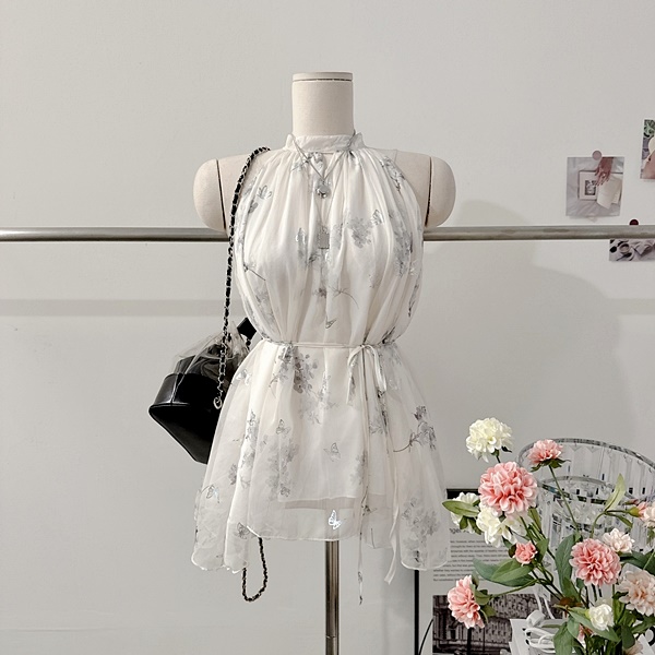 이프유마인 페미닌바캉스룩 여름 샤이닝 나비 패턴 배색 쉬폰 시스루 홀터넥 벨트 허리끈 스트랩 셔링 프릴 언발 A라인 플레어 주름 플리츠 슬립 뷔스티에 나시 미니