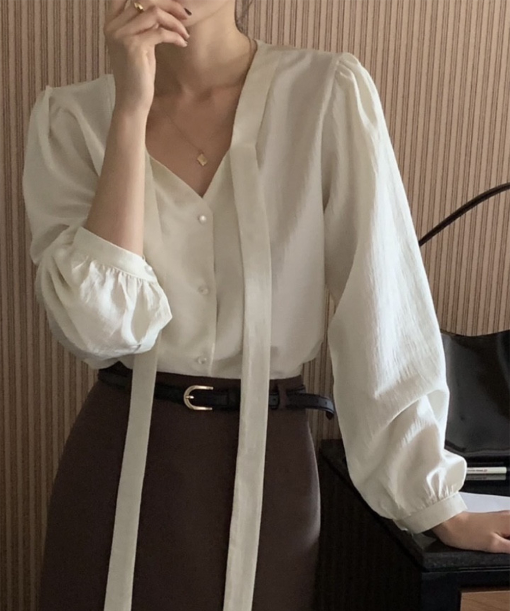 버나뎃 [당일 아이]이너프 리엘 타이 블라우스 (3col) inouf