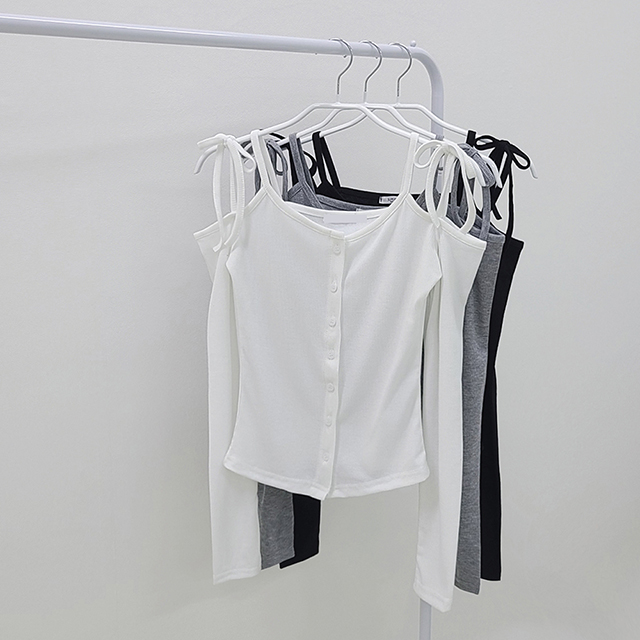 룸제이 유니크섹시글램힙한잘록허리발레코어룩몸매보정딱붙하이틴룩 프레즐 슬림핏 골지 유넥 어깨 리본 끈 오프숄더 트임 단추 세미 반 크롭 긴팔티셔츠