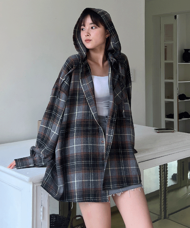 올핏클로젯 [5XL] FW체크/망토 후드 체크남방Y 2color