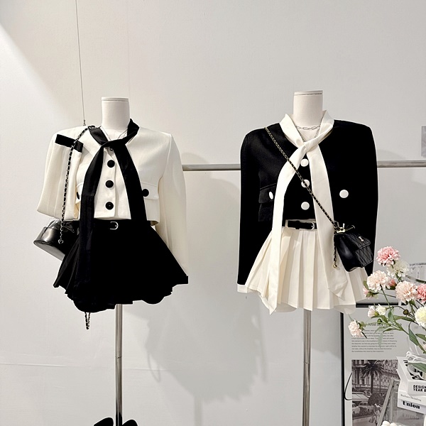 이프유마인 자켓스커트set페미닌 겨울 세레나데 리본 타이 트위드 배색 긴팔 크롭 숏 자켓 벨트 하이웨스트 A라인 플레어 주름 플리츠 미니 스커트 투피스 세트