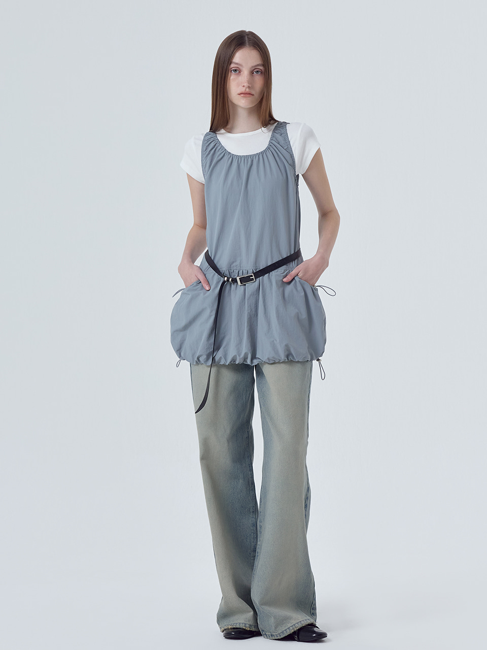 에트몽 Balloon Shirring Mini Dress, Ash Blue