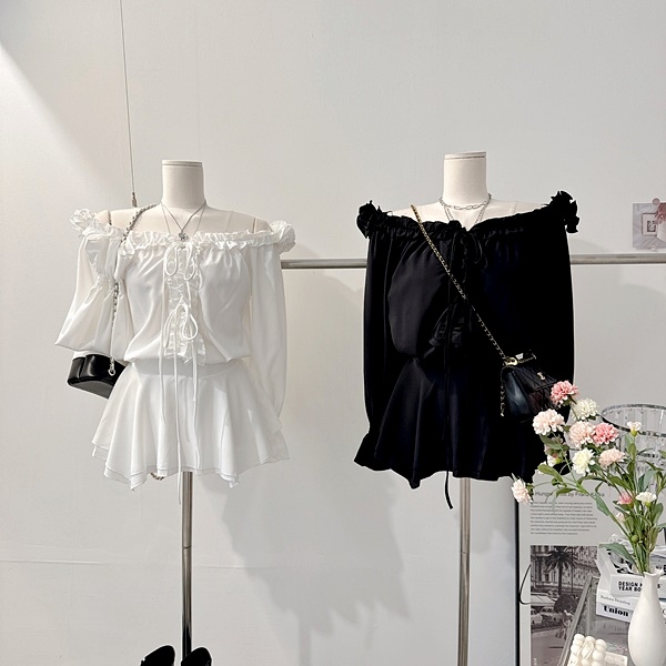 이프유마인 페미닌하객룩 가을 알렌 리본 스트랩 쉬폰 시스루 셔링 프릴 밴딩 스퀘어넥 오프숄더 벌룬 퍼프 A라인 플레어 주름 플리츠 캉캉 긴팔 미니 원피스 2color