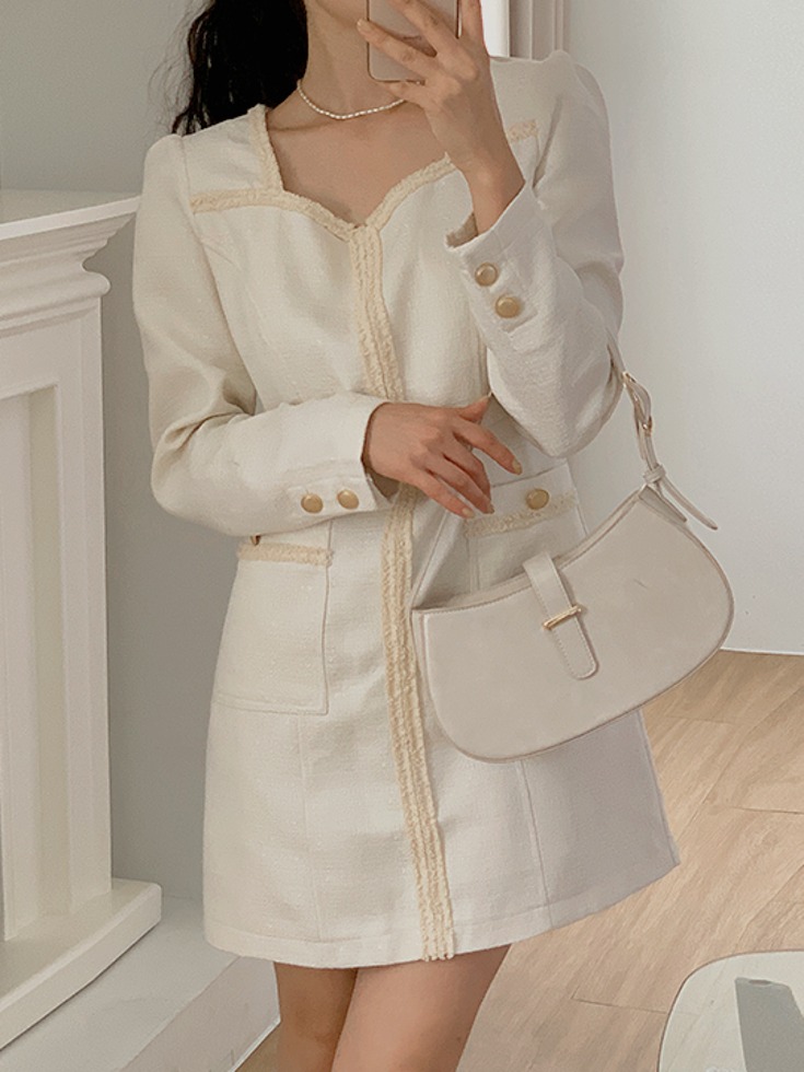 리리앤코 리페르딘 트위드 하트넥 포켓 미니 원피스 자체제작 가을 신상 가을옷 가을원피스 트위드원피스 H라인 하트넥원피스 금장단추 트리밍 데일리룩 페미닌룩 하객룩 출근룩