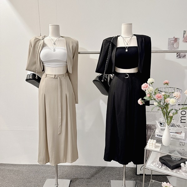 이프유마인 자켓스커트set페미닌 가을 헤라 노카라 오버핏 슬림핏 무지 긴팔 볼레로 크롭 숏 자켓 벨트 밴딩 하이웨스트 A라인 플레어 주름 플리츠 롱 스커트 투피스