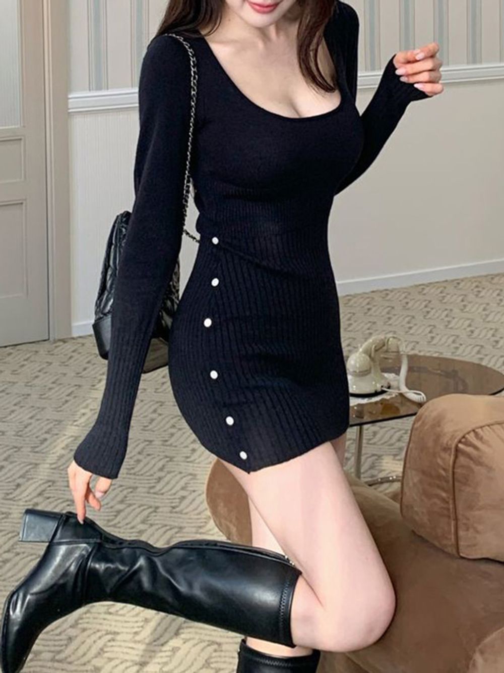 마이로즈빈 섹시글램🌹 리얼 니트원피스 미니원피스 긴팔원피스 가을원피스 레이어드 원피스 겨울원피스 가을옷 겨울옷 하객룩 하객원피스 섹시원피스 스판원피스 슬림원피스