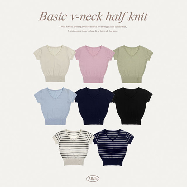 에이비글 단가라ver 레이어드 브이넥 하프 반팔 크롭 니트 옆 트임 단추 스트라이프 줄무늬 단가라 레이어드 반팔 티셔츠