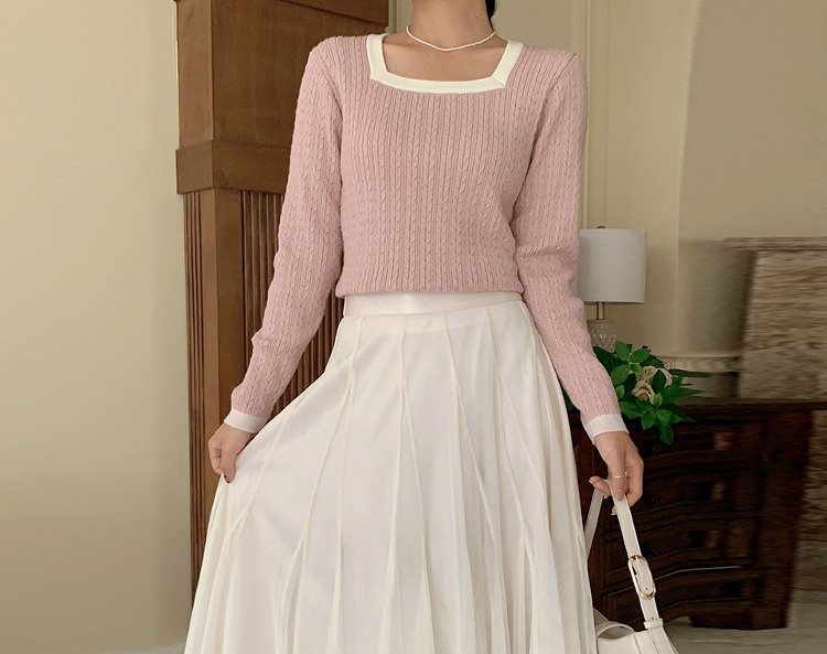 리리앤코 빌르포밍 배색 스퀘어넥 꽈배기 니트신상 코디 니트 긴팔니트 통통녀 케이블 데일리룩 심플 베이직 심프 출근룩 데이트룩