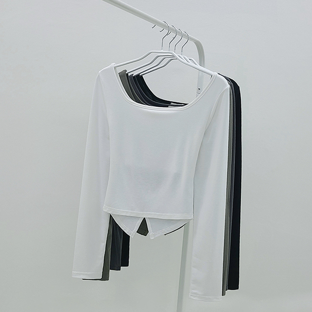 룸제이 유니크힙한섹시허리잘록글램몸매보정딱붙허얇골넓y2k클럽룩백리스 디오 슬림핏 스판 딥 유넥 스퀘어넥 컷아웃 언발 뒷트임 크롭 긴팔티셔츠