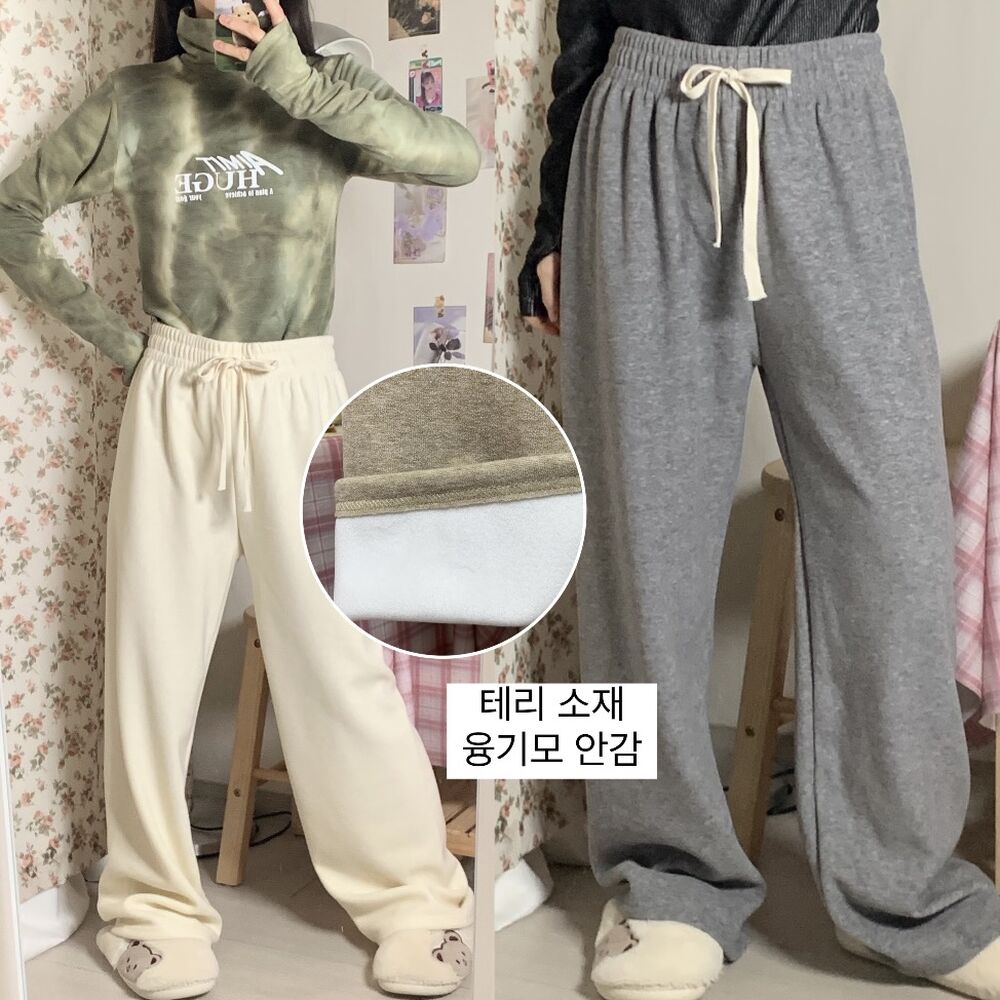 와이비비 세일 당일출고 키작녀 퀄리티 굿 따끈 루게 타올 테리 융기모 리본 스트링 밴딩 와이드 일자핏 롱 트레이닝 겨울 팬츠 4c