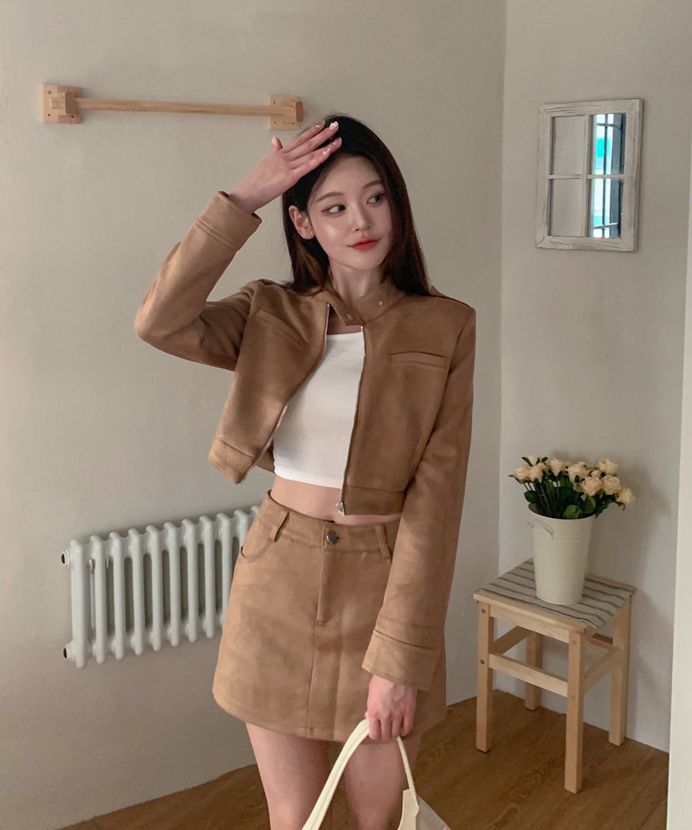 워너비뮤즈 무배🚀 Set가격🍂핏보장 스웨이드 자켓 미니 스커트 투피스 바이커 스냅버튼 크롭 자켓 셋업 가을 데이트룩 하객룩 2col