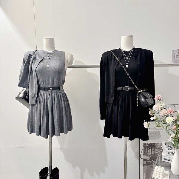 이프유마인 가디건원피스set페미닌 겨울 미지 오버핏 슬림핏 라운드넥 벨트 스트랩 무지 A라인 플레어 주름 플리츠 나시 니트 미니 원피스 레이어드 이너 긴팔 크롭