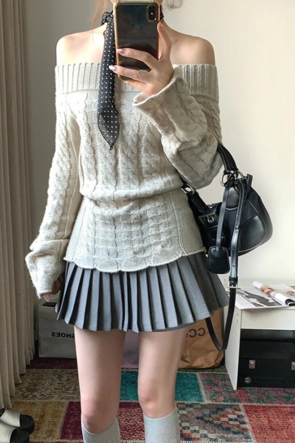 핑크프릴 Set 그레이 오프숄더 긴팔 니트 스웨터 플리츠 미니스커트 투피스세트