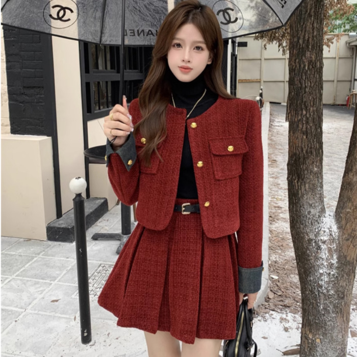 레드베리 당일출고 겨울 연말하객룩 투피스셋업 레드 와인 트위드자켓 노카라 배색 겨울자켓 정장 미니스커트 플리츠 스커트 트위드투피스 하객룩 셋업 연말룩