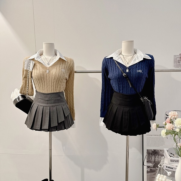 이프유마인 Y2k하이틴유니크 일체형 겨울 에이케이 프레피 스쿨 배색 자수 레터링 브이넥 셔츠 카라 레이어드 이너 무지 긴팔 크롭 꽈배기 니트 블라우스 3color