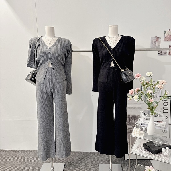 이프유마인 가디건팬츠set페미닌 봄 클레 섹시 글램 슬림 언발 사선 브이넥 벌룬 퍼프 골지 니트 긴팔 크롭 가디건 하이웨스트 밴딩 와이드 팬츠 투피스 트레이닝