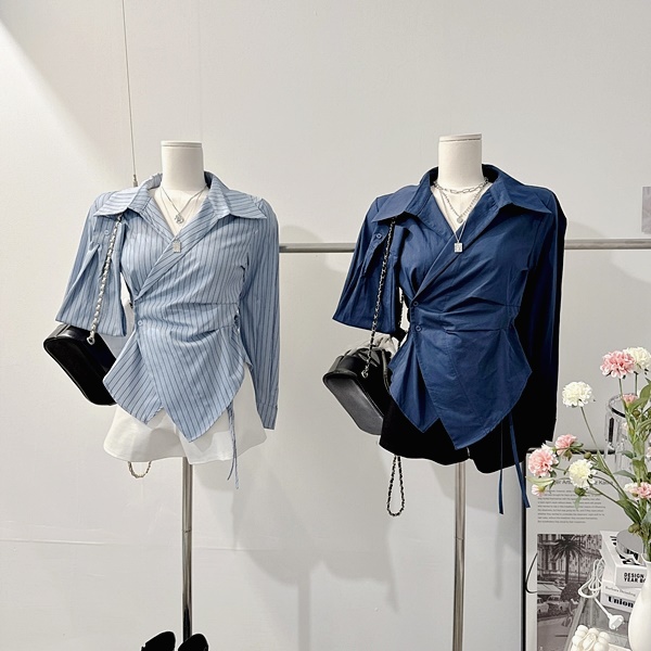 이프유마인 페미닌허리잘록 겨울 랜더 Y2k 하이틴 유니크 단가라 스트라이프 배색 랩 언발 사선 리본 스트랩 오버핏 슬림핏 라인 버튼 핀턱 카라 긴팔 크롭 셔츠