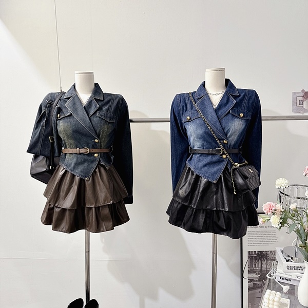 이프유마인 자켓스커트set페미닌 봄 비비 데님 청 버튼 포켓 셔츠 카라 벨트 긴팔 크롭 숏 자켓 밴딩 가죽 레더 A라인 플레어 주름 플리츠 캉캉 미니 스커트