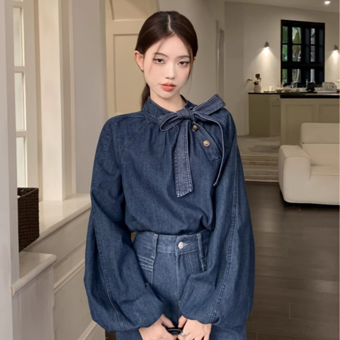 레드베리 가을하객룩 투피스 데님셋업 생지 데님블라우스 청 남방 리본블라우스 청바지 와이드팬츠 데님팬츠 하객룩 가을데님 투피스