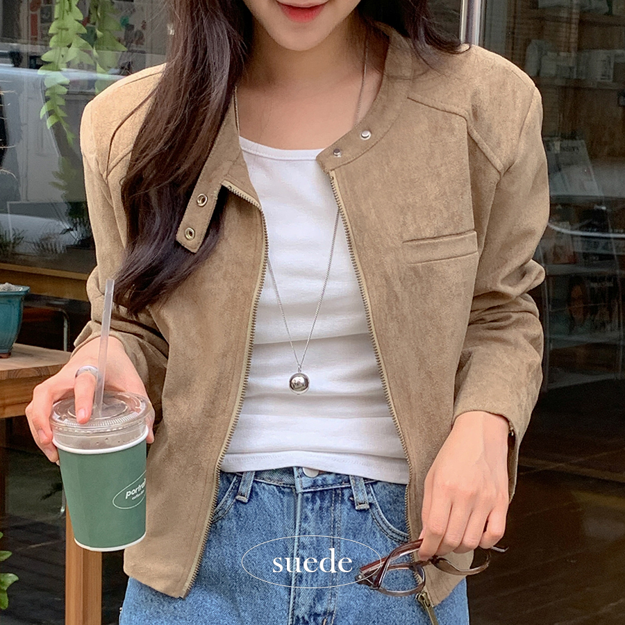 아더먼데이 스웨이드 노카라넥 벨르 스웨이드 점퍼 집업 세무자켓 스웨이드자켓 가을신상 간절기룩 가을자켓 여자가을자켓 하객룩 드뮤어룩 하이넥 베이지자켓 가을아우터