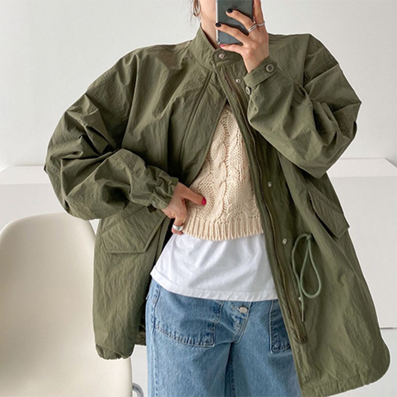 지음샵 개파카 야상 수입 남녀공용 빅사이즈 유니섹스 데일리 캐쥬얼 커플룩 가을 봄 간절기 하이넥 오버핏 스트링 하프 야상 점퍼 자켓 블랙 그레이 카키